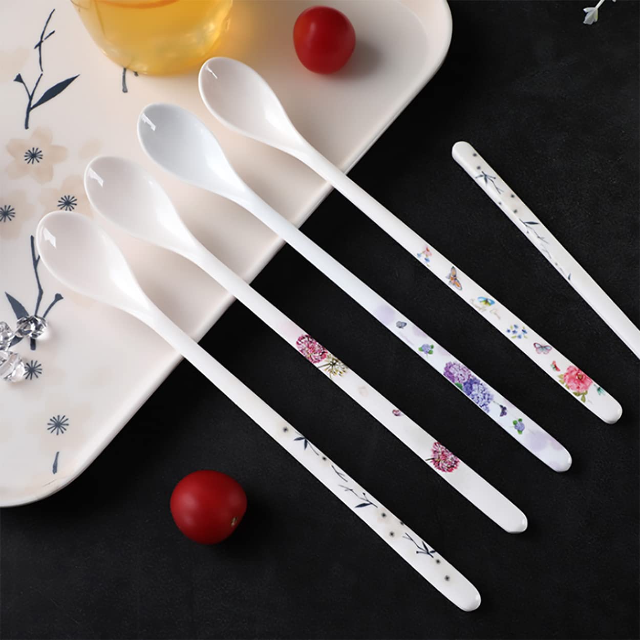 Dadamong Melamine Long Handle Mixing Spoon Set of 12, Plastic Teaspoon, 8.8 Inch Stirring Spoons for Jam Honey Coffee Tea Ice Cream Cocktail Hot Chocolate (Random Pattern)