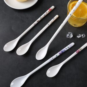 Dadamong Melamine Long Handle Mixing Spoon Set of 12, Plastic Teaspoon, 8.8 Inch Stirring Spoons for Jam Honey Coffee Tea Ice Cream Cocktail Hot Chocolate (Random Pattern)