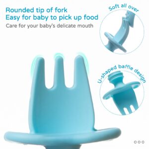 Silikong Silicone Utensils, Baby Fork and Spoon Set, Training Utensils, Baby Led Weaning Stage 1 for Ages 6 Months (Blue)