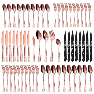 stapava 89-piece copper silverware set, plus steak knives & serving utensils, rose gold flatware cutlery set for 14, mirror eating utensils tabnsils tableware, butterfly flower design, dishwasher safe