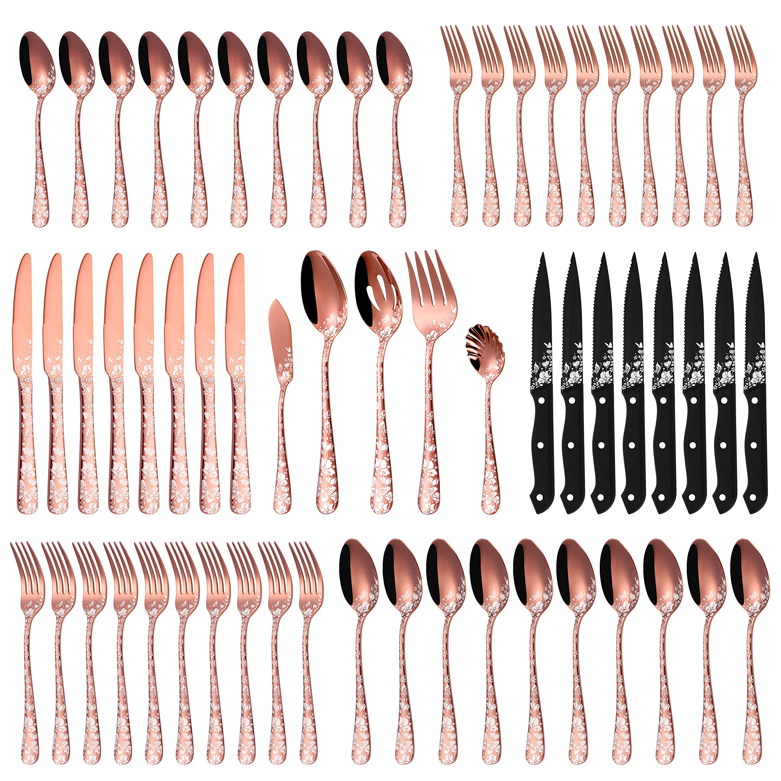 Stapava 89-Piece Copper Silverware Set, Plus Steak Knives & Serving Utensils, Rose Gold Flatware Cutlery Set for 14, Mirror Eating Utensils Tabnsils Tableware, Butterfly Flower Design, Dishwasher Safe