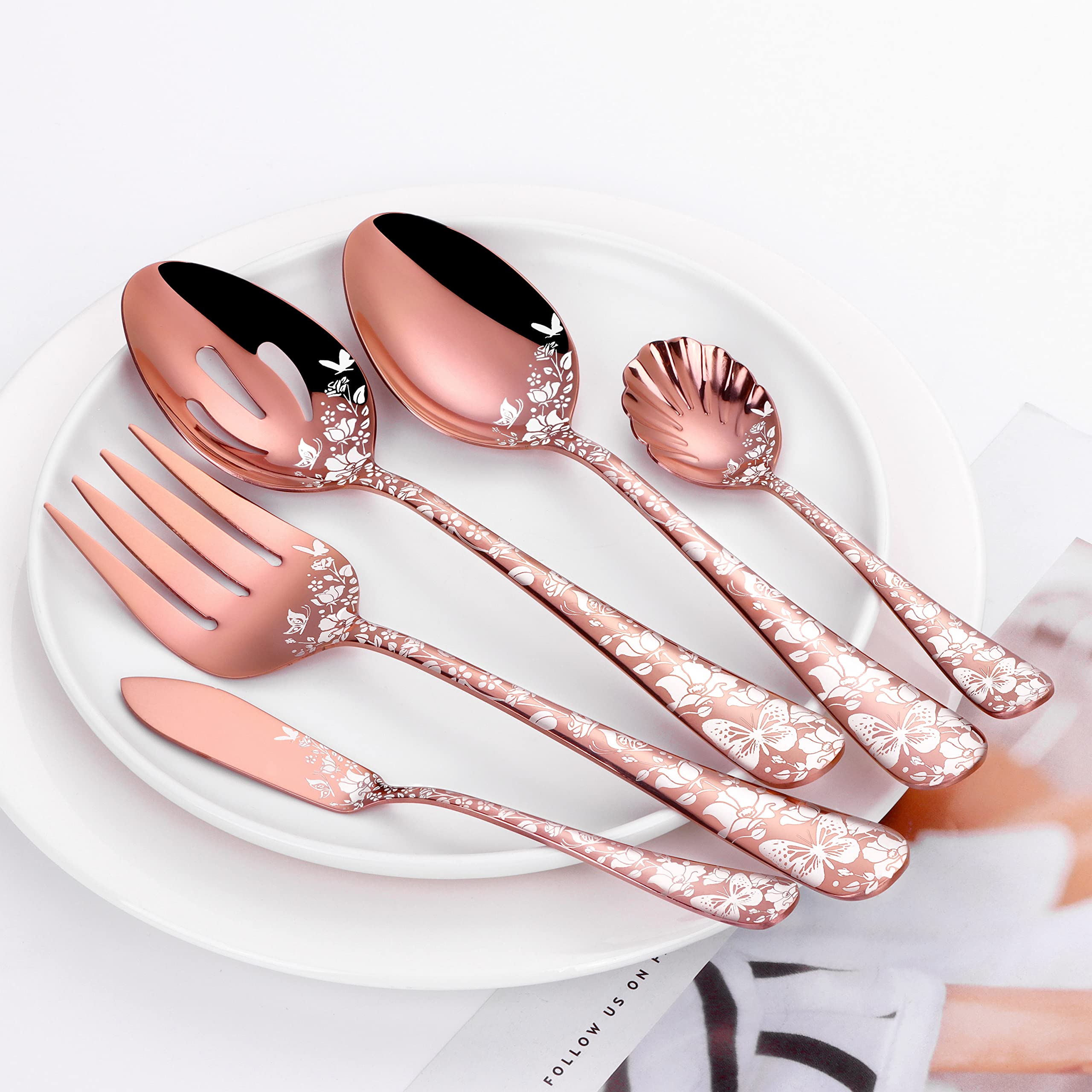 Stapava 89-Piece Copper Silverware Set, Plus Steak Knives & Serving Utensils, Rose Gold Flatware Cutlery Set for 14, Mirror Eating Utensils Tabnsils Tableware, Butterfly Flower Design, Dishwasher Safe