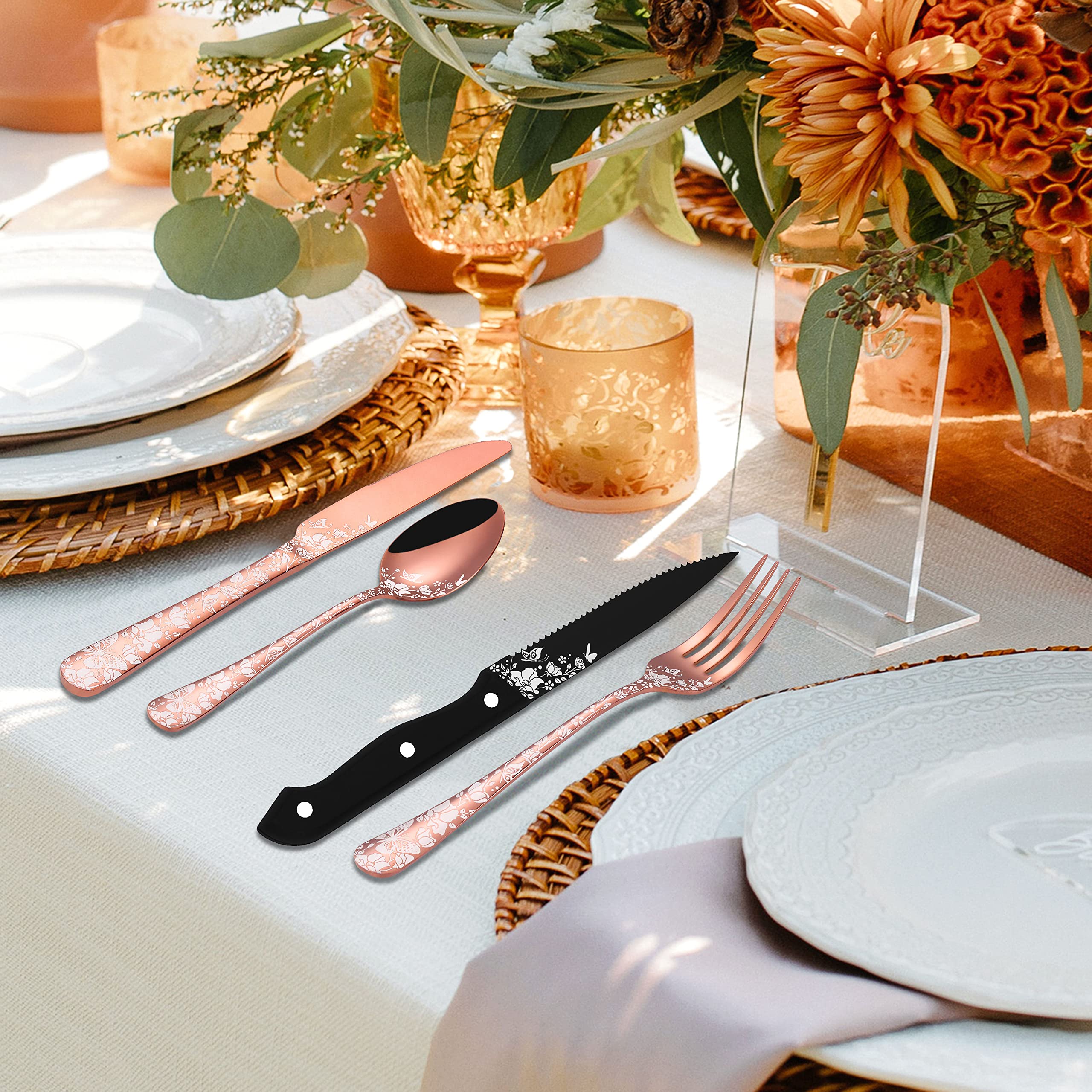 Stapava 89-Piece Copper Silverware Set, Plus Steak Knives & Serving Utensils, Rose Gold Flatware Cutlery Set for 14, Mirror Eating Utensils Tabnsils Tableware, Butterfly Flower Design, Dishwasher Safe