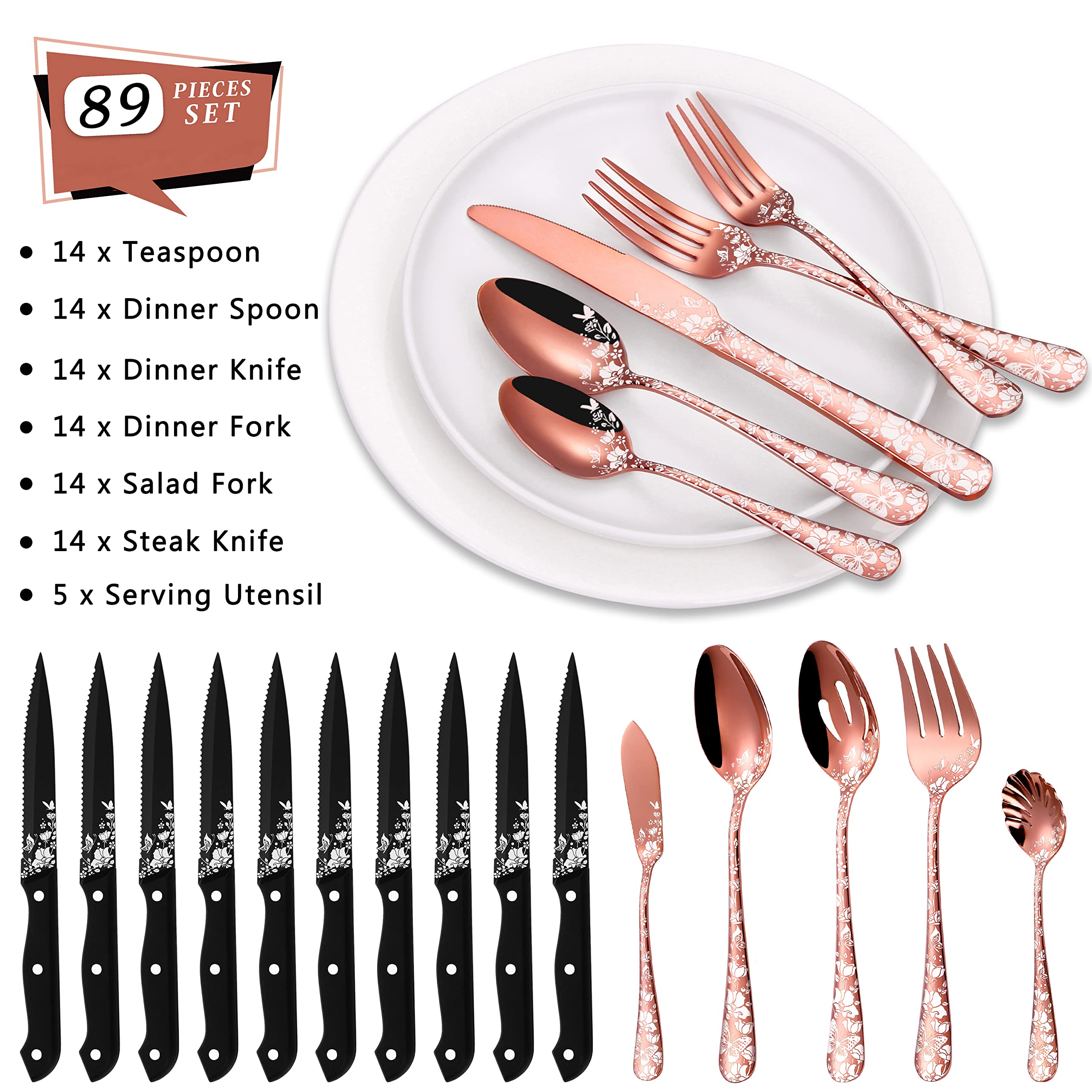 Stapava 89-Piece Copper Silverware Set, Plus Steak Knives & Serving Utensils, Rose Gold Flatware Cutlery Set for 14, Mirror Eating Utensils Tabnsils Tableware, Butterfly Flower Design, Dishwasher Safe