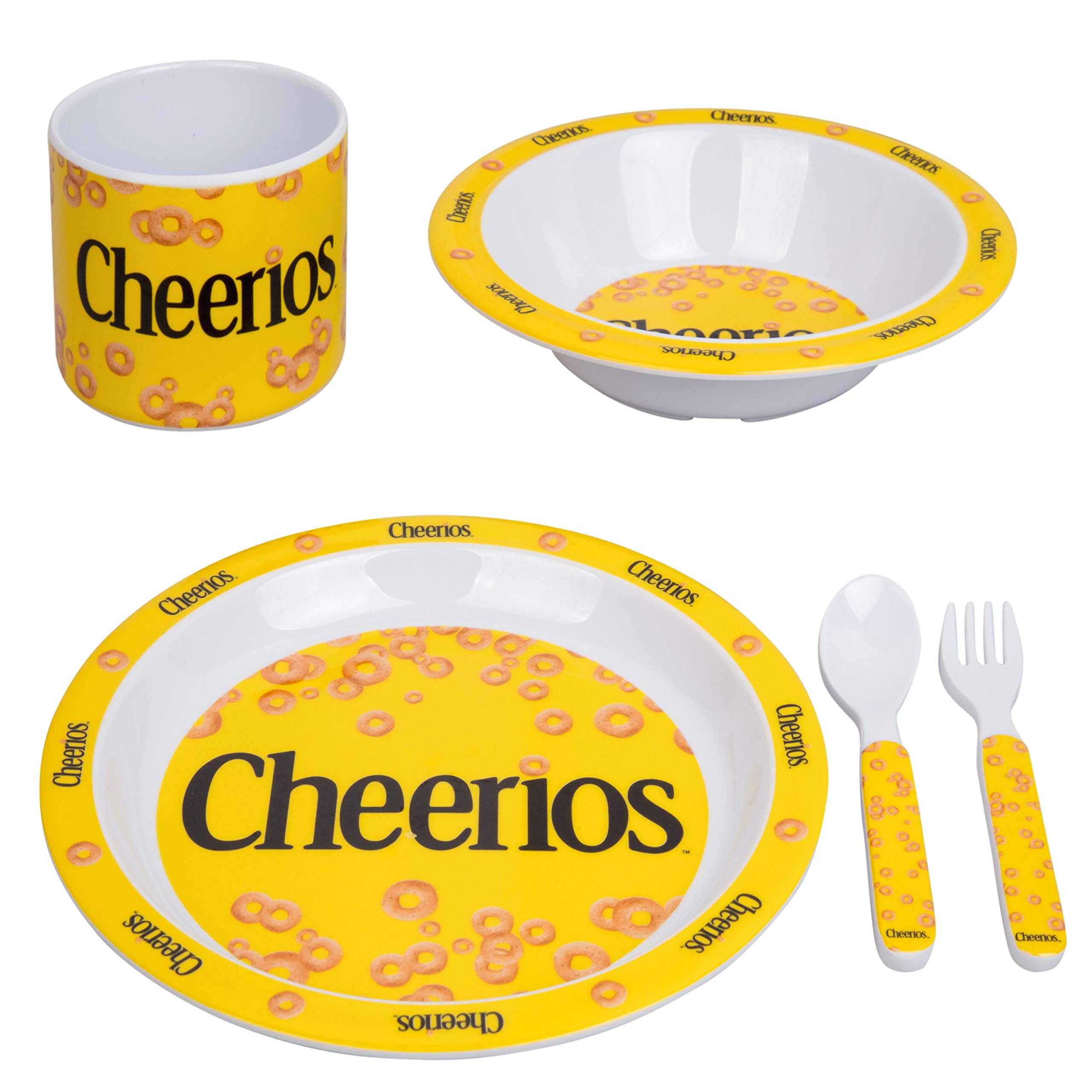 Cheerios 5pc Kids Plates Mealtime Feeding Set for Toddlers - Dinnerware Dish Set w Plate, Bowl, Cup, Utensils- BPA/PVC Free & Dishwasher Safe