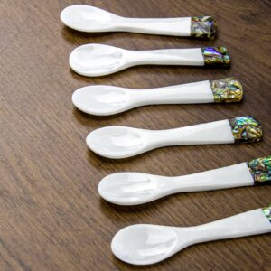 DUEBEL Set of 6 Mother of Pearl MOP Caviar Spoons with Green Abalone Decoration for Caviar, Egg, Icecream, Coffee Serving (White, 9x2.4cm)