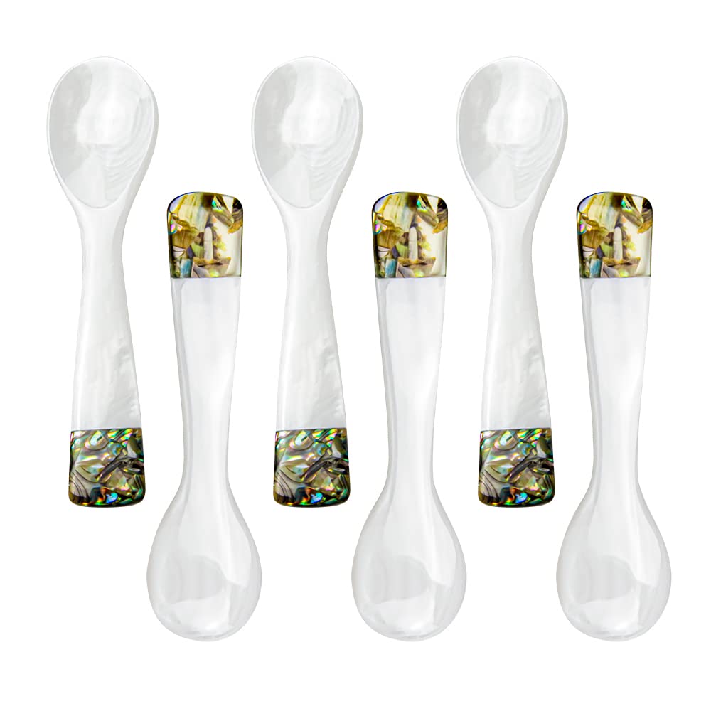 DUEBEL Set of 6 Mother of Pearl MOP Caviar Spoons with Green Abalone Decoration for Caviar, Egg, Icecream, Coffee Serving (White, 9x2.4cm)