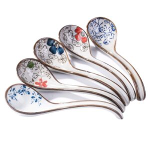 japanese and korean ceramic soup spoons set of 5, hand-painted, curved spoons, long handle rice spoons