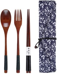 wooden cutlery set chopsticks spoon fork set, reusable 3pcs travel utensils tableware for home,office,outdoor camping (blue flower)