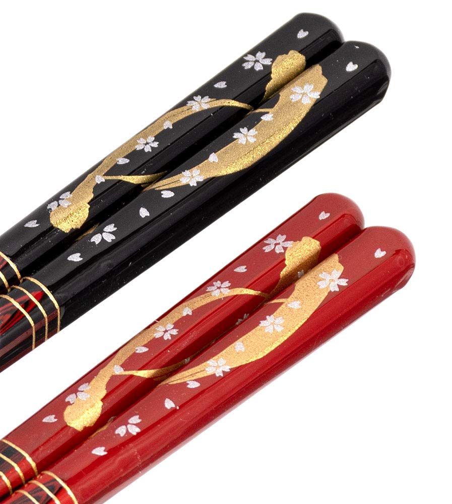 Kawai Japanese Wooden Chopsticks Reusable 2 Pairs in Gift Box, Nippon Scenery Sakura Black and Red [ Made in Japan /Handcrafted ]