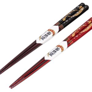 Kawai Japanese Wooden Chopsticks Reusable 2 Pairs in Gift Box, Nippon Scenery Sakura Black and Red [ Made in Japan /Handcrafted ]