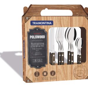 Tramontina Cutlery Set with Steak Knives, 24 Piece Sharp Knife, Forks, Teaspoons, Tablespoons with Wooden Handles, ‎Camping, Kitchen, Rustic, Dishwasher Safe, 21199905