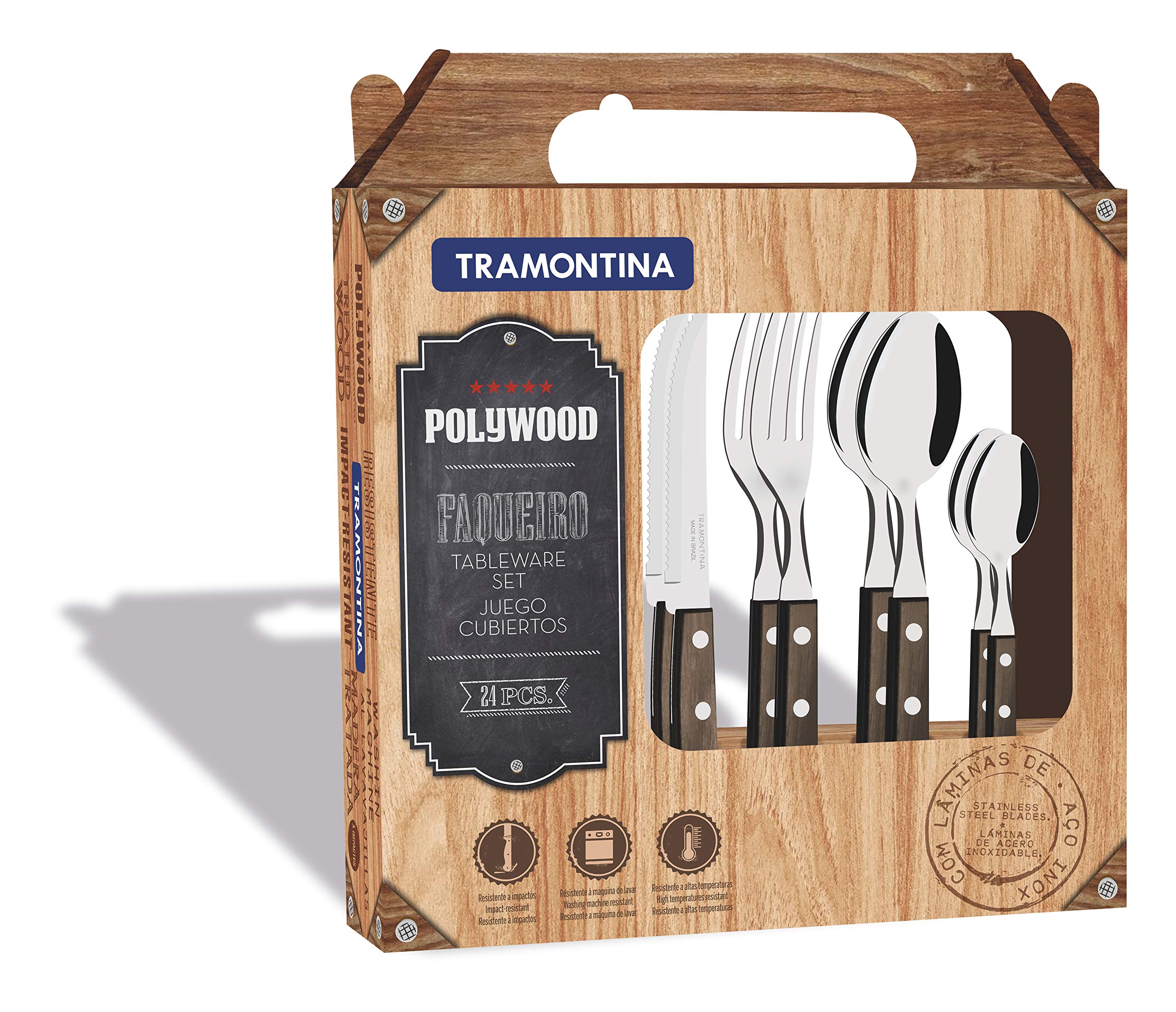 Tramontina Cutlery Set with Steak Knives, 24 Piece Sharp Knife, Forks, Teaspoons, Tablespoons with Wooden Handles, ‎Camping, Kitchen, Rustic, Dishwasher Safe, 21199905