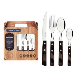 Tramontina Cutlery Set with Steak Knives, 24 Piece Sharp Knife, Forks, Teaspoons, Tablespoons with Wooden Handles, ‎Camping, Kitchen, Rustic, Dishwasher Safe, 21199905