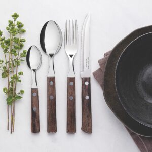 Tramontina Cutlery Set with Steak Knives, 24 Piece Sharp Knife, Forks, Teaspoons, Tablespoons with Wooden Handles, ‎Camping, Kitchen, Rustic, Dishwasher Safe, 21199905