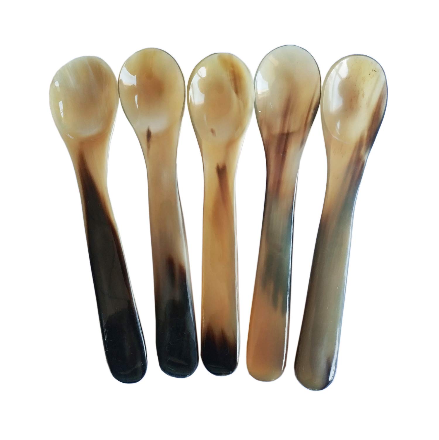 DUEBEL Set of 5 Naturally Handcrafted Buffalo Horn Spoons, 5.6" x 1.1" Dinner Ware Serving Spoon (Light Color)