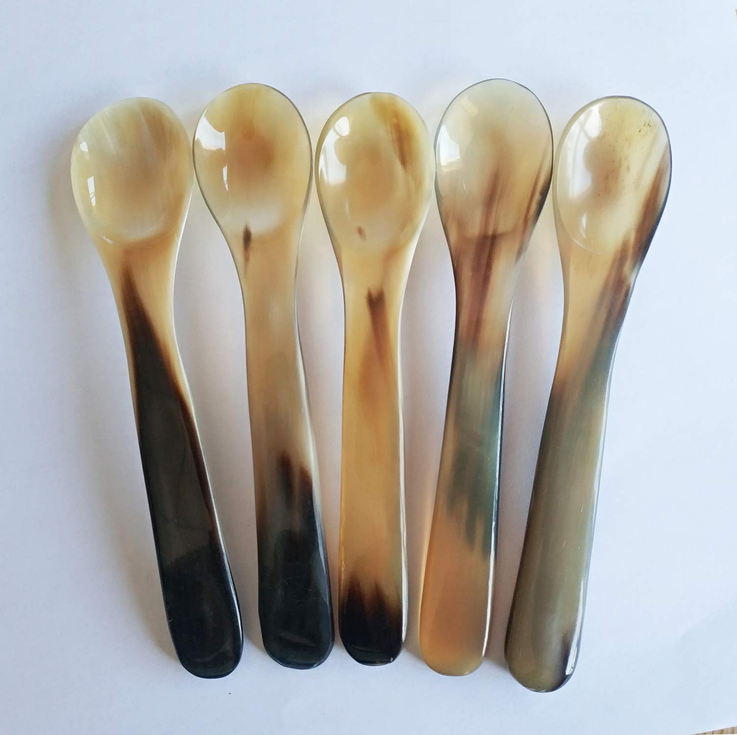 DUEBEL Set of 5 Naturally Handcrafted Buffalo Horn Spoons, 5.6" x 1.1" Dinner Ware Serving Spoon (Light Color)