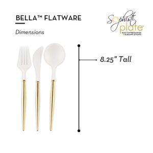 Sophistiplate Bella Flatware Cutlery Set for 12 | Fork, Spoons & Knives Silverware Utensil Set | Reusable Dinnerware Sets Plastic & Top Rack Dishwasher Safe | White with Gold Handle 36 Count