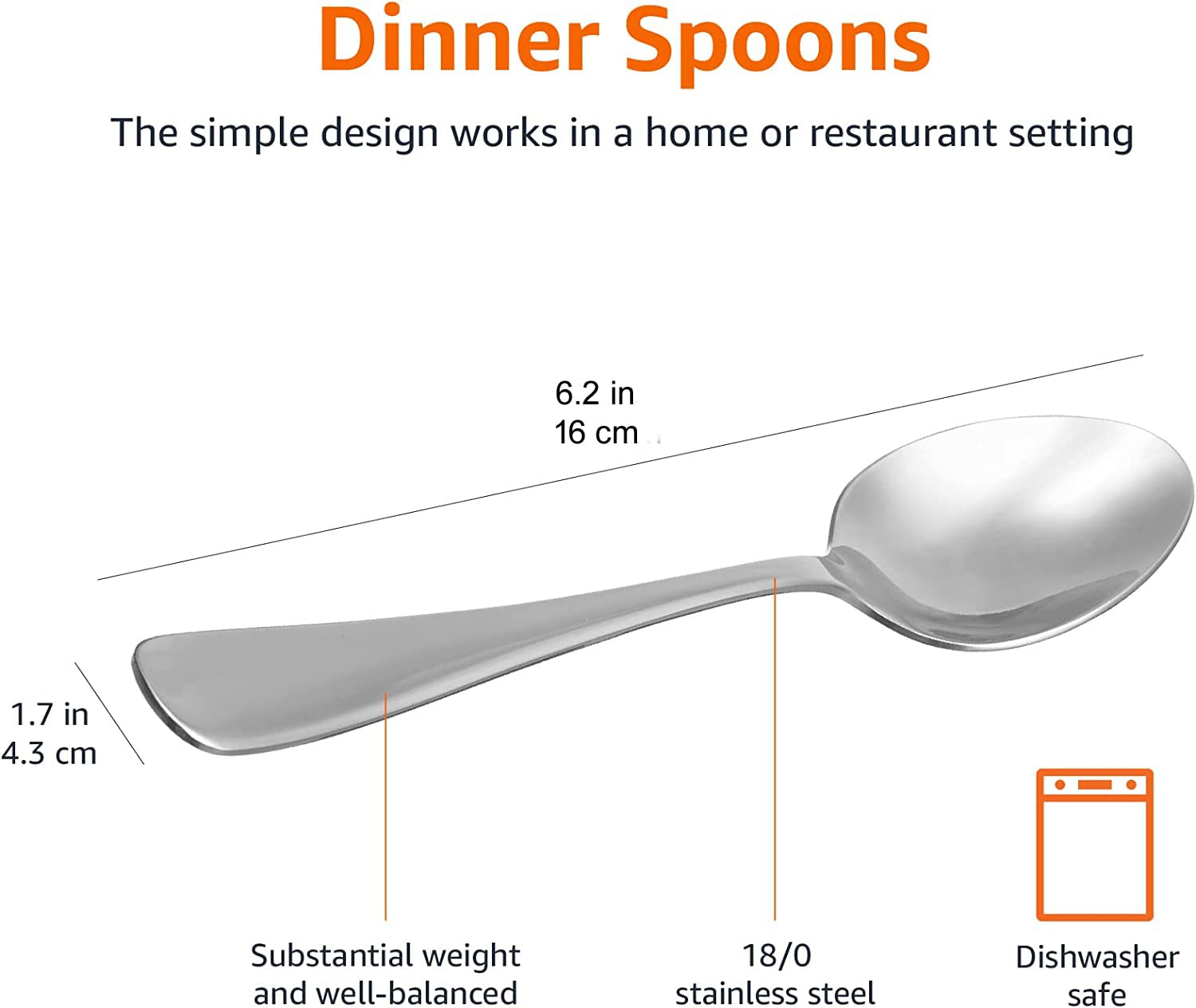 Dinner Spoon Set - Stainless Steel Spoons Set Of 12 | Food Grade Spoons - Tea Spoon | Durable Metal Dessert Silverware Spoon For Home, Kitchen Or Restaurant - 6.2 Inches