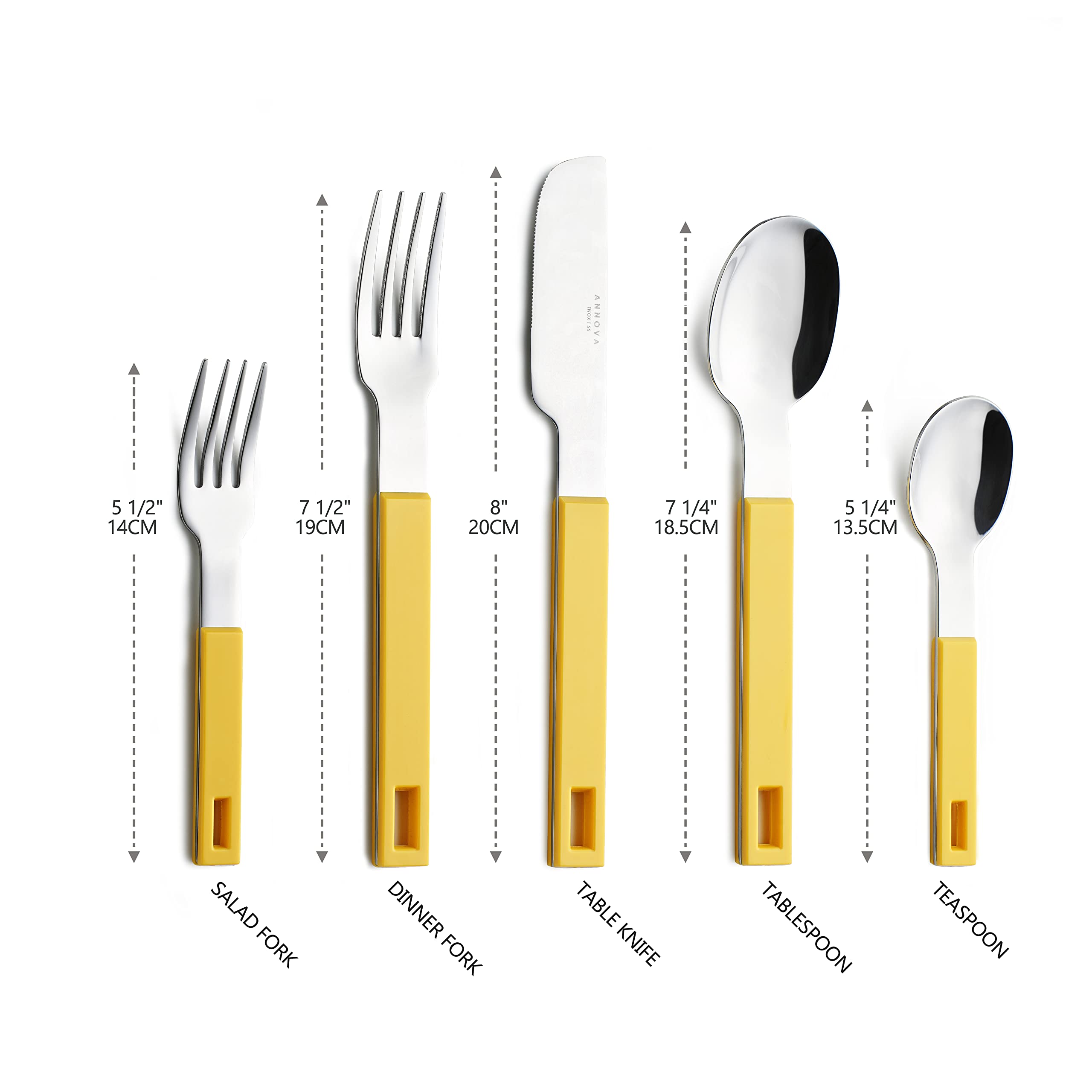 ANNOVA Silverware Set 20 Pieces Stainless Steel Cutlery Color Block Handle Modern Style Flatware - 4 x Dinner Knife; 4 x Dinner Fork; 4 x Salad Fork; 4 x Dinner Spoon; 4 x Dessert Spoon (Yellow)