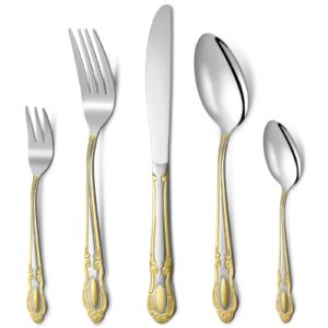 40 pcs gorgeous gold silverware set 18/10 stainless steel heavy utensil set dishwasher safe, service for 8, fine silverware flatware for family wedding restaurant hotel (silver)