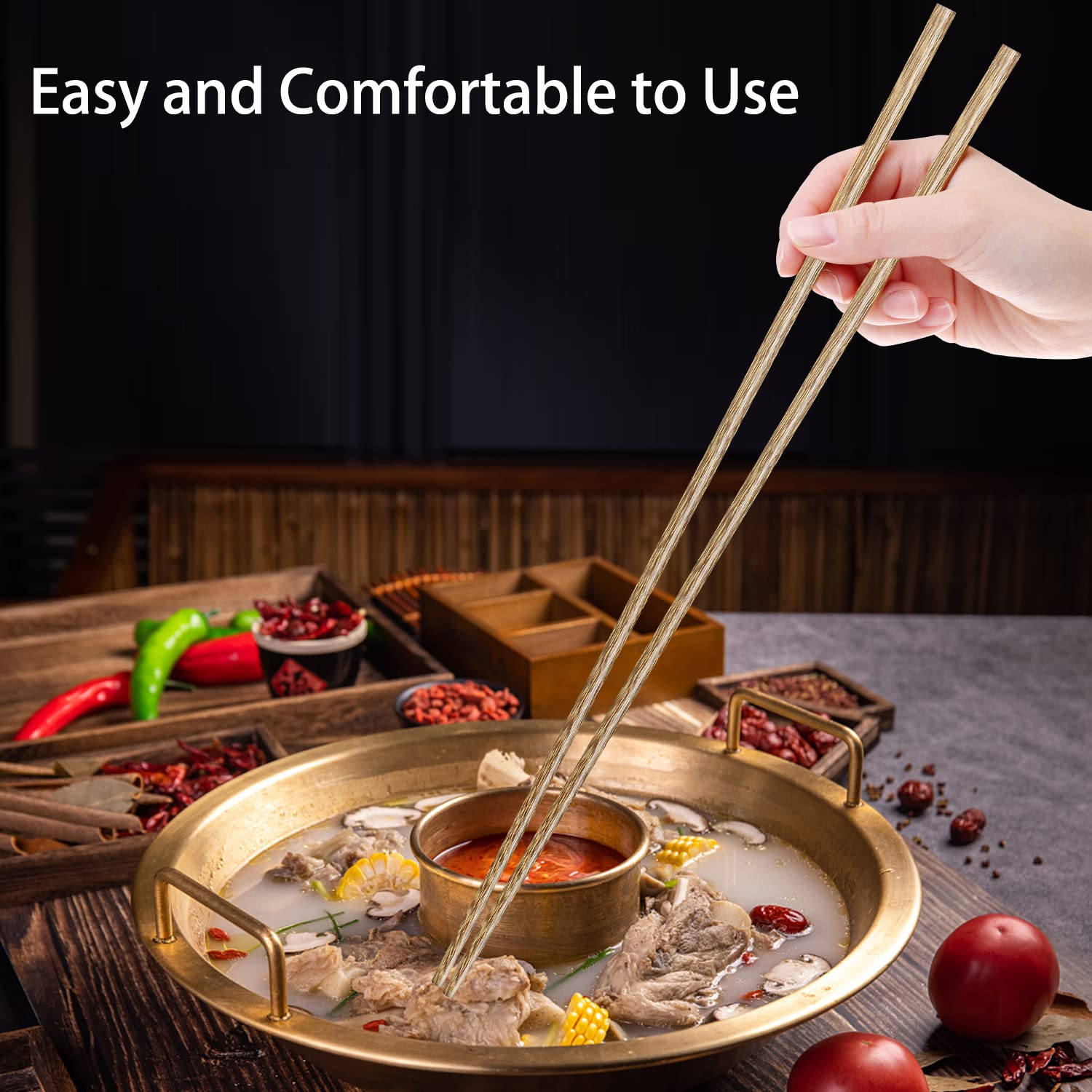 2 Pairs Classic 16.5 Inches Wooden Chopsticks Extra Long Splashproof for Frying Hotpot Cooking Noodles, Premium Natural Wenge Wood Chopsticks Gift Set Dishwasher Safe Reusable Heatproof Oilproof