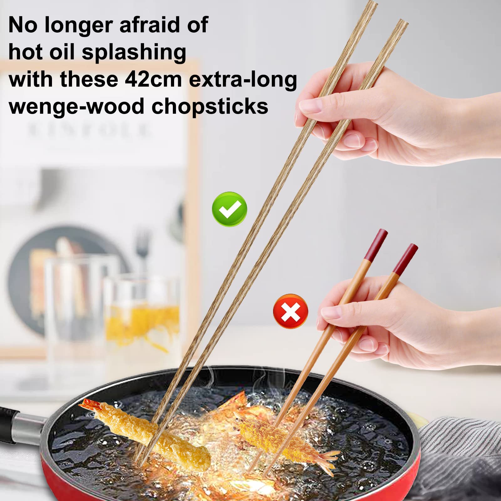 2 Pairs Classic 16.5 Inches Wooden Chopsticks Extra Long Splashproof for Frying Hotpot Cooking Noodles, Premium Natural Wenge Wood Chopsticks Gift Set Dishwasher Safe Reusable Heatproof Oilproof