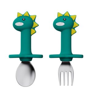 sfccmm toddler utensils stainless steel forks and spoons safe children's cutlery set handle cartoon cute for baby (green dinosaur - short)