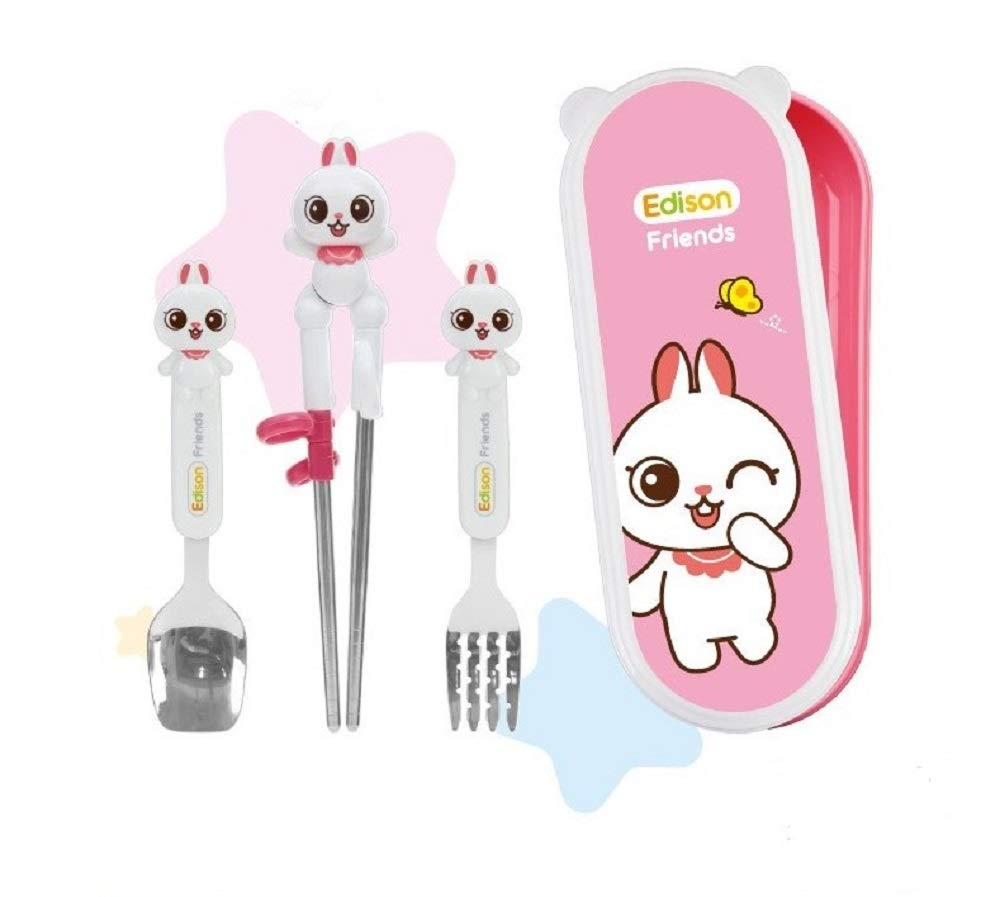 Edison Friends Spoon + Chopstick + Folk + Wide Case 4P Set for Right Hand Use, Rabbit, Soft Silicone Ring, Hygienic Stainless Steel