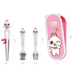 Edison Friends Spoon + Chopstick + Folk + Wide Case 4P Set for Right Hand Use, Rabbit, Soft Silicone Ring, Hygienic Stainless Steel