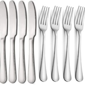 Lazooy Dinner Knives Stainless Steel Table Knife and Forks for Dessert and Steak Butter Knives Heavy Duty, Set of 8 (4 Dinner Knives + 4 Forks)