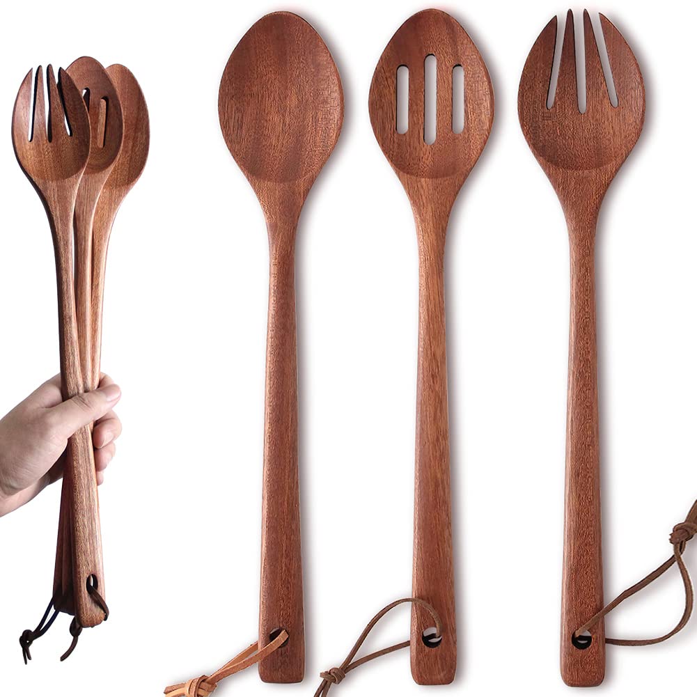 Wooden Spoons for Cooking Set for Kitchen, 12 Inch Large Non Stick Cookware Tools Includes Wooden Spoon, Fork, Slotted Turner, Premium Quality Housewarming Gifts Wooden Serving Utensils