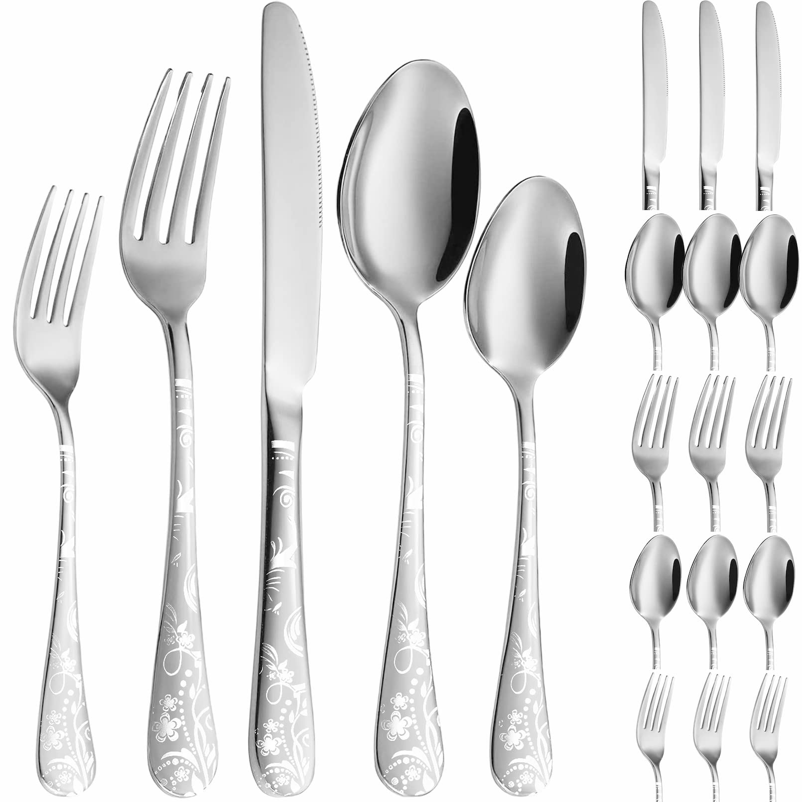 Vilihkc Unique floral pattern Silverware Set Mirror Polished Flatware Set Service for 4 Cutlery Set Stainless Steel Utensil Set for Kitchen Dishwasher Safe(20pcs)