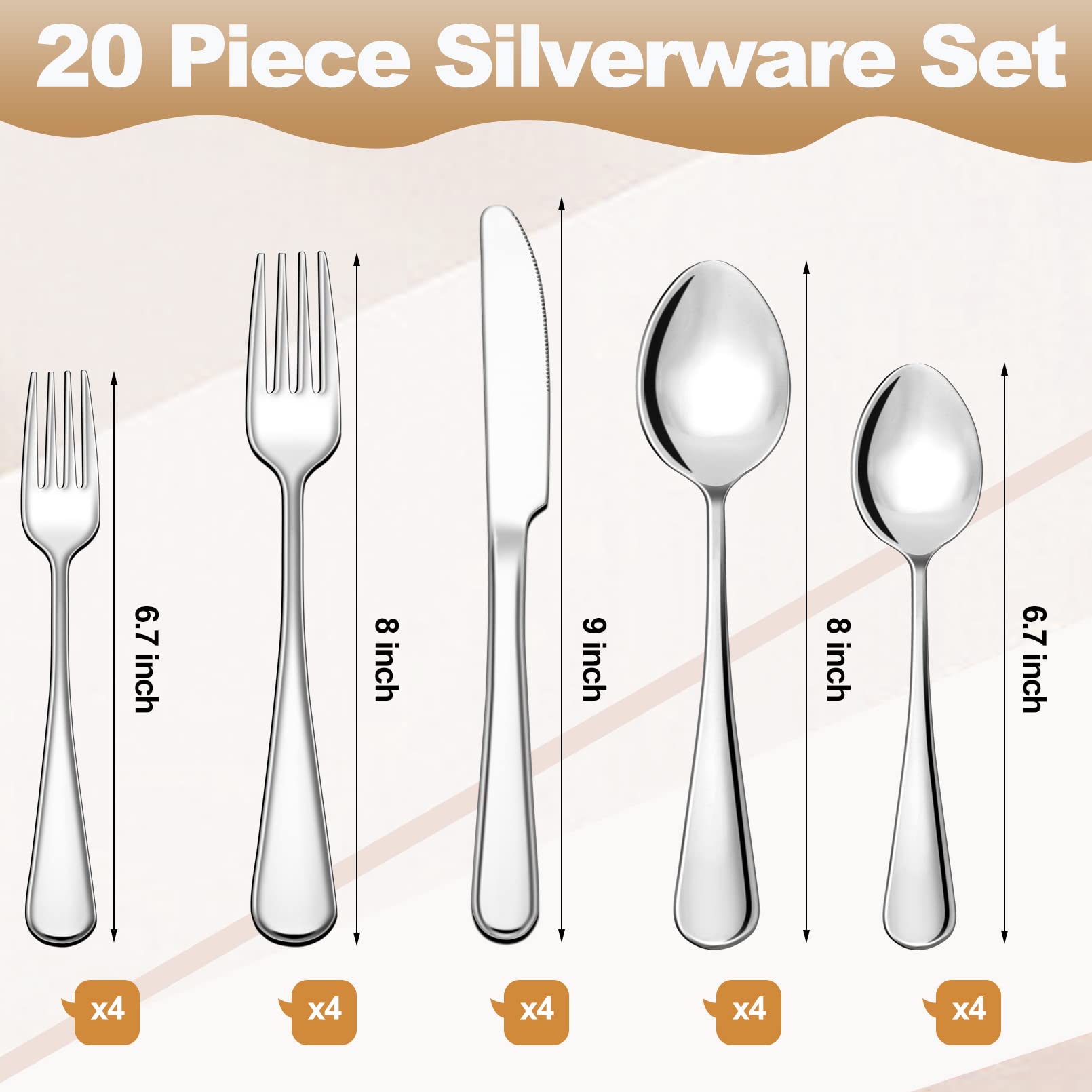 CACASO 20 Piece Silverware Set,Stainless Steel Flatware Set,Flatware Cutlery Set,Utensil Set Service for 4,Tableware Set for Home Kitchen,Include Knife Fork Spoon,Mirror Polished,Dishwasher Safe