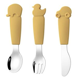 toddler fork and spoon set, baby spoon and fork knife set, stainless steel toddler utensils set (mustard)