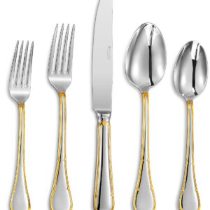 KEAWELL Elizabeth 20-Piece 18/10 Stainless Steel Flatware Set, Service for 4, Fine Silverware Set (Gold Accent), Dishwasher Safe, Mirror Polished