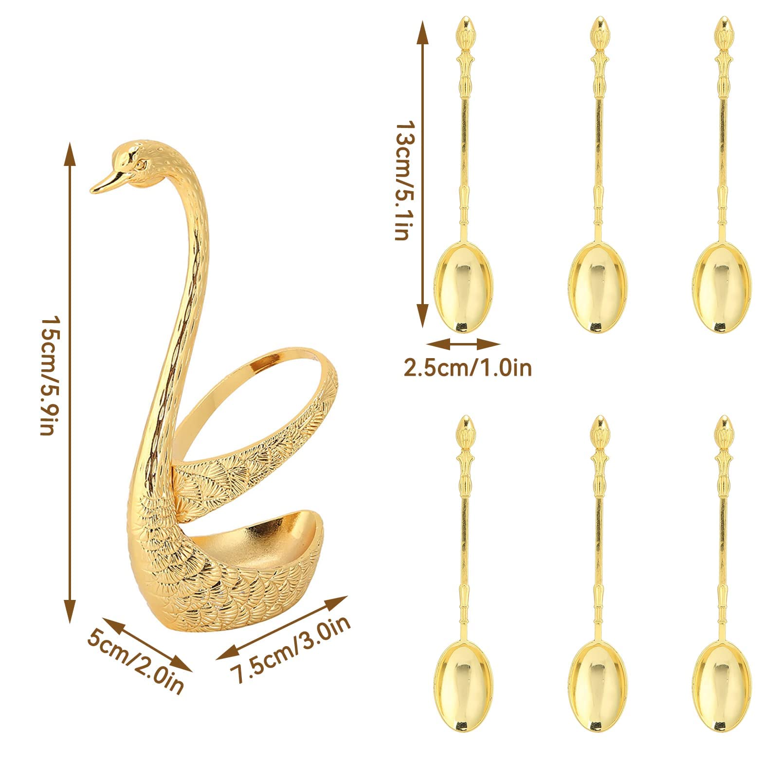 Agatige Gold Coffee Spoon for Coffee Bar, 6pcs 5in Long Coffee Stir Spoon Crown Handle Dessert Spoons Gold Tea Spoons Espresso Spoons with Decorative Swan Base Holder (Gold)