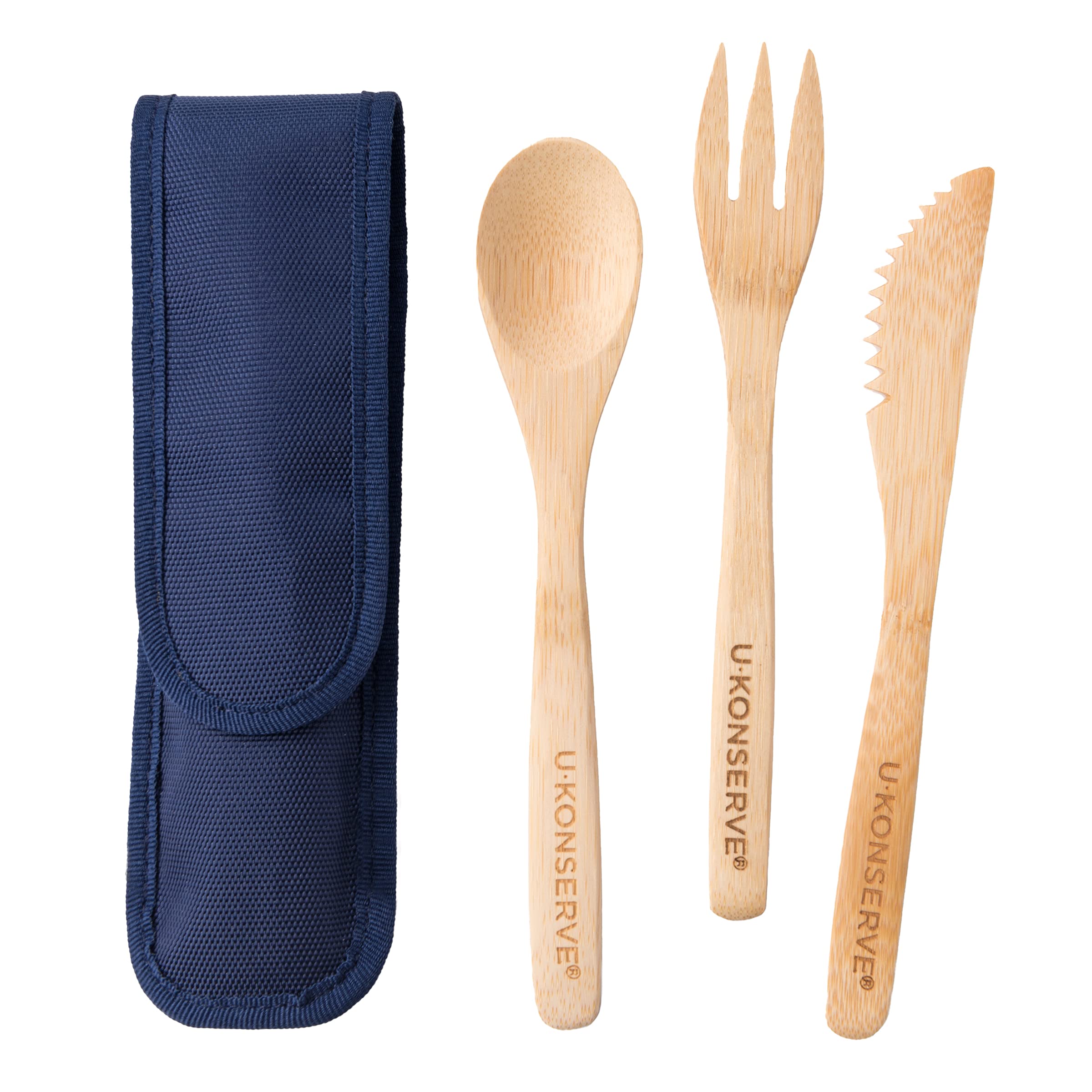 U-Konserve Bamboo Cutlery Set in Recycled Case - Reusable Utensil Spoon Fork Knife - Lightweight for Zero Waste Lunches and Travel - Navy Blue Carrying Case