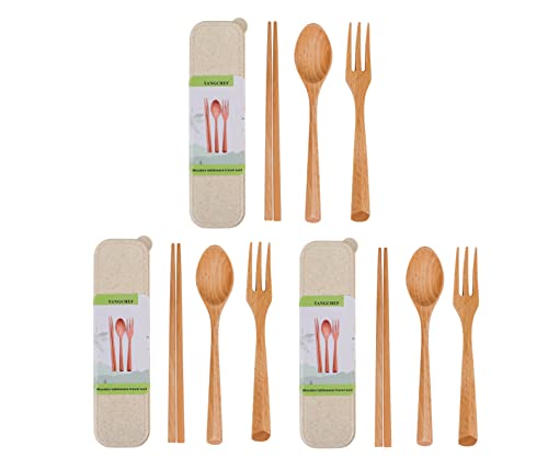 9 Pieces Wood Flatware Set Japanese Style Utensils Wooden Tableware Spoon Travel Cutlery Chopsticks Fork for Eating Portable High Heat Resistant Kitchen Home Camping Picnic School Students