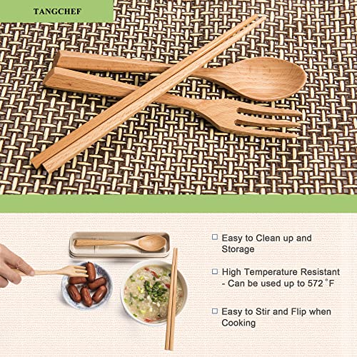 9 Pieces Wood Flatware Set Japanese Style Utensils Wooden Tableware Spoon Travel Cutlery Chopsticks Fork for Eating Portable High Heat Resistant Kitchen Home Camping Picnic School Students