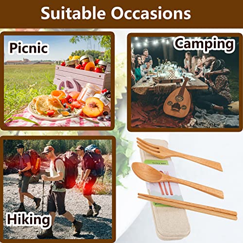 9 Pieces Wood Flatware Set Japanese Style Utensils Wooden Tableware Spoon Travel Cutlery Chopsticks Fork for Eating Portable High Heat Resistant Kitchen Home Camping Picnic School Students