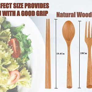 9 Pieces Wood Flatware Set Japanese Style Utensils Wooden Tableware Spoon Travel Cutlery Chopsticks Fork for Eating Portable High Heat Resistant Kitchen Home Camping Picnic School Students