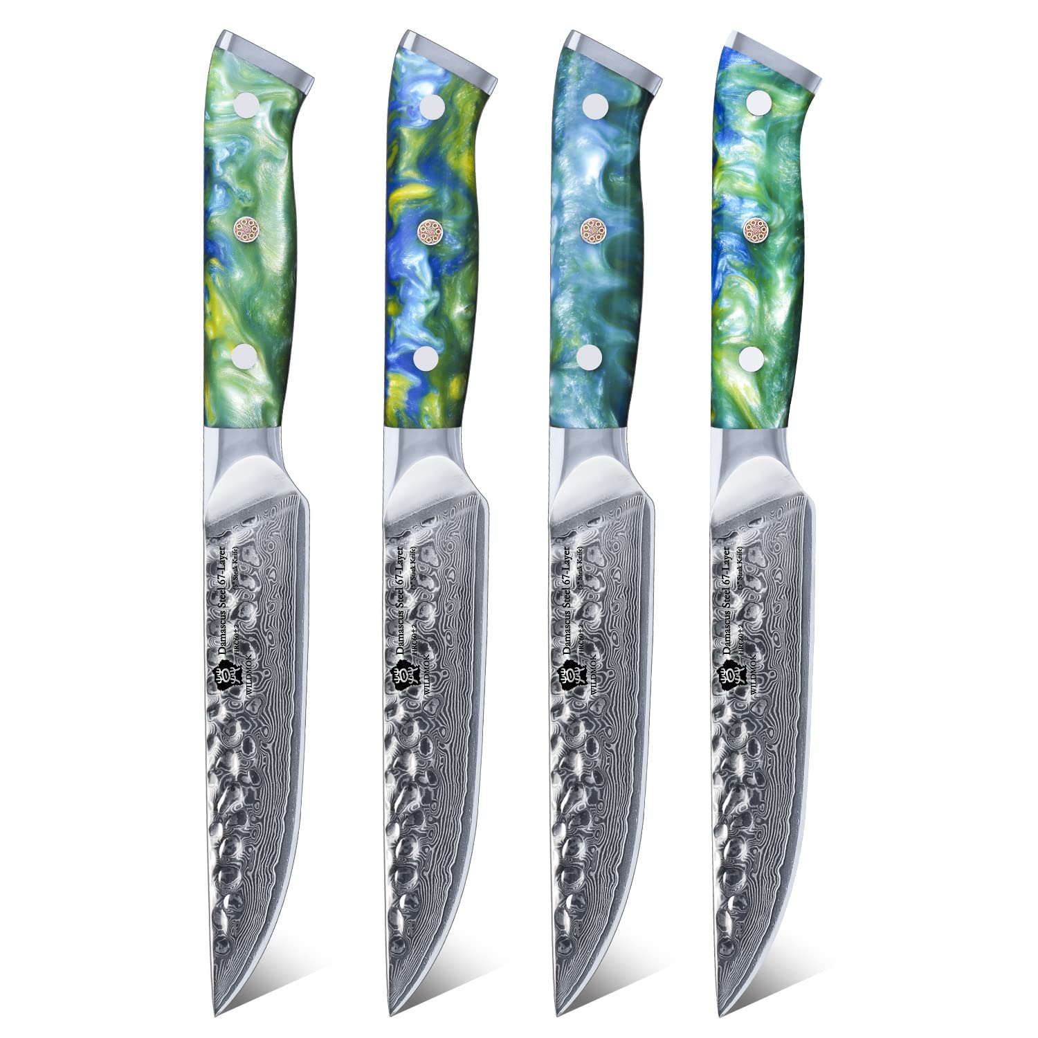 WILDMOK Steak Knives Set of 4 Damascus Steel Steak Knives 5 Inch Ultra Sharp Serrated Steak Knife Set with Resin Handle Kitchen Knives Set with Gift Box