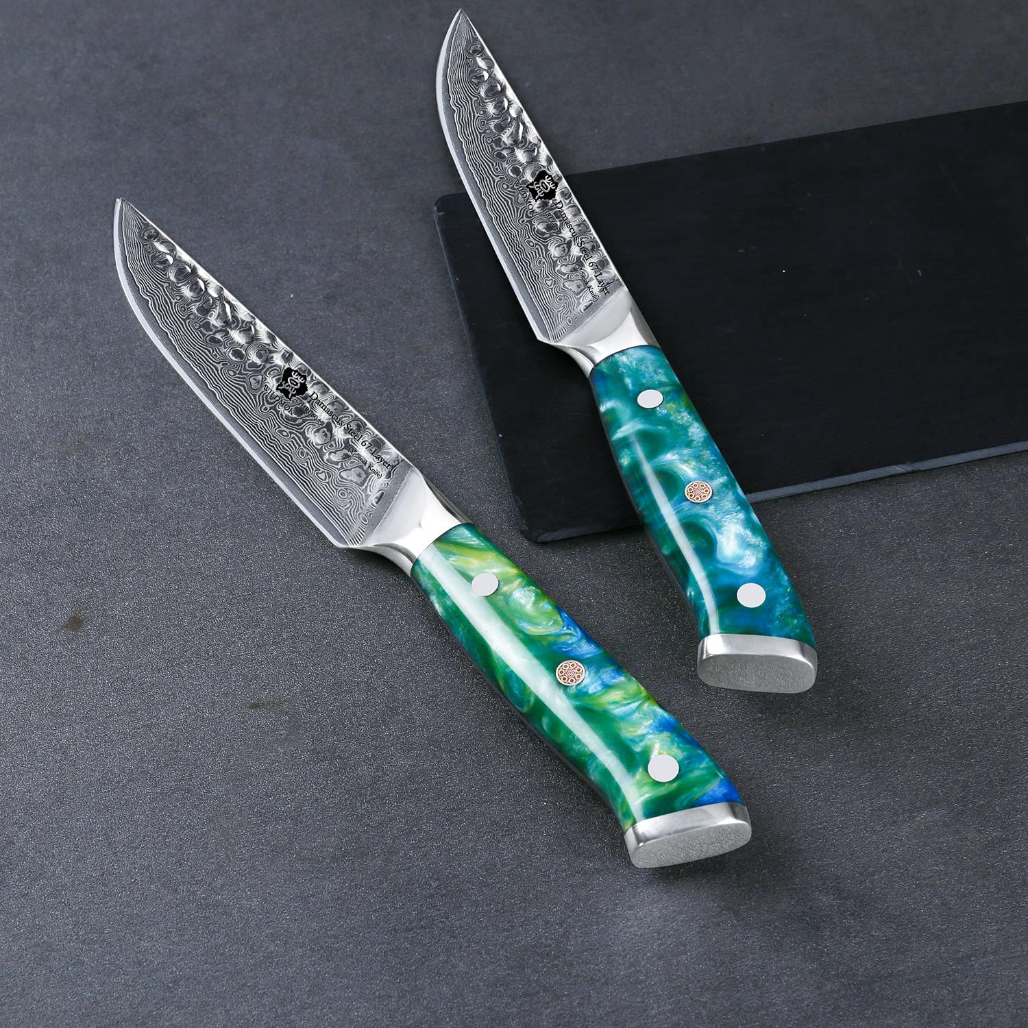 WILDMOK Steak Knives Set of 4 Damascus Steel Steak Knives 5 Inch Ultra Sharp Serrated Steak Knife Set with Resin Handle Kitchen Knives Set with Gift Box