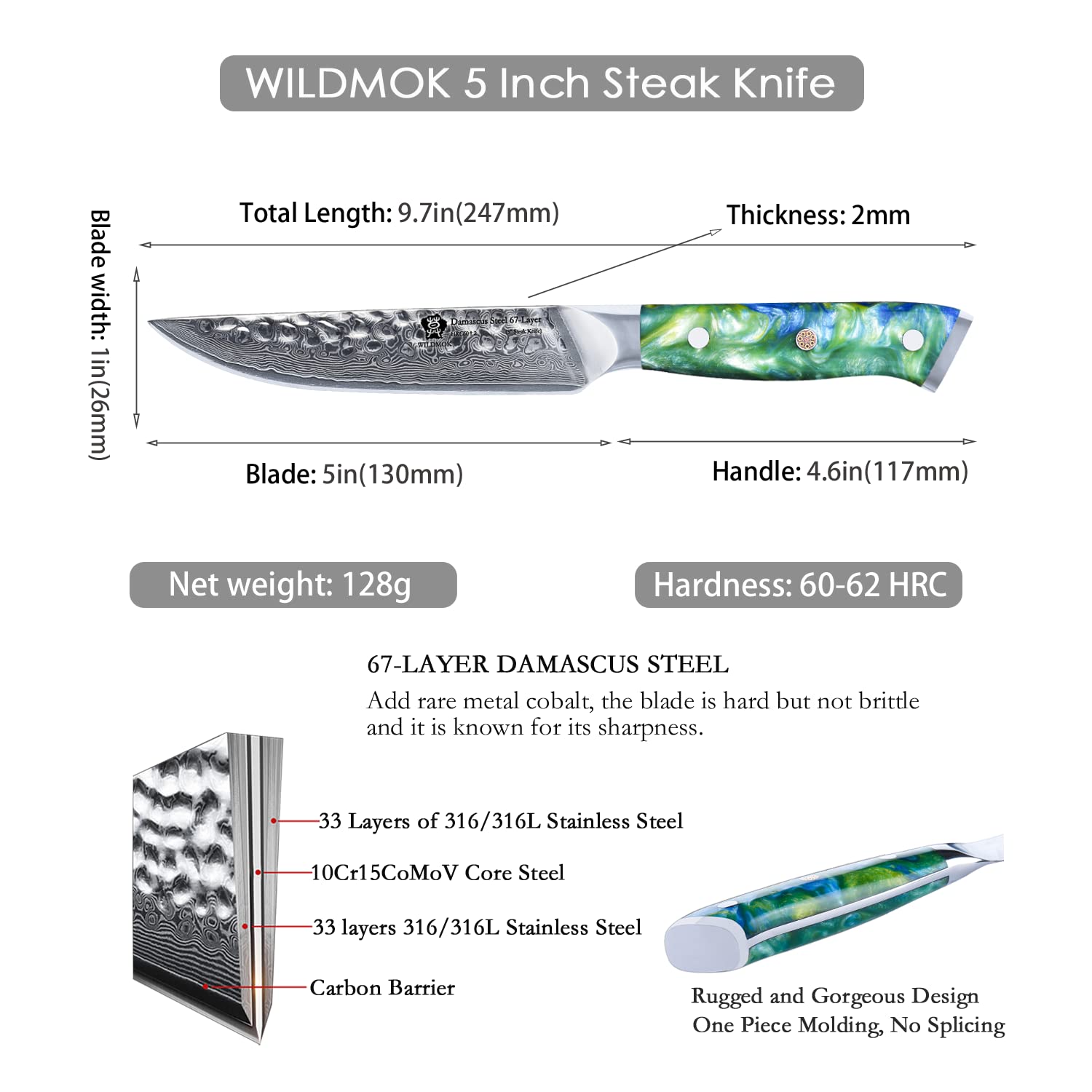 WILDMOK Steak Knives Set of 4 Damascus Steel Steak Knives 5 Inch Ultra Sharp Serrated Steak Knife Set with Resin Handle Kitchen Knives Set with Gift Box