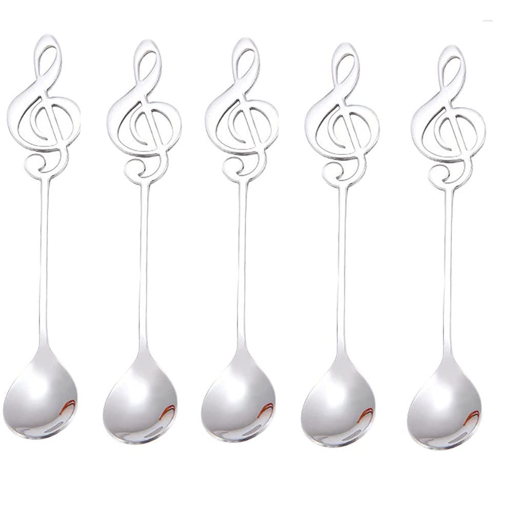 Somswcpass 5 Pcs Creative Music Note Coffee Spoon Stainless Steel Spoons, Staff Musical Notation Shaped Teaspoon, Small Dessert Spoon for Coffee Stirring Drink Mixing Milkshake Jam (Silver)