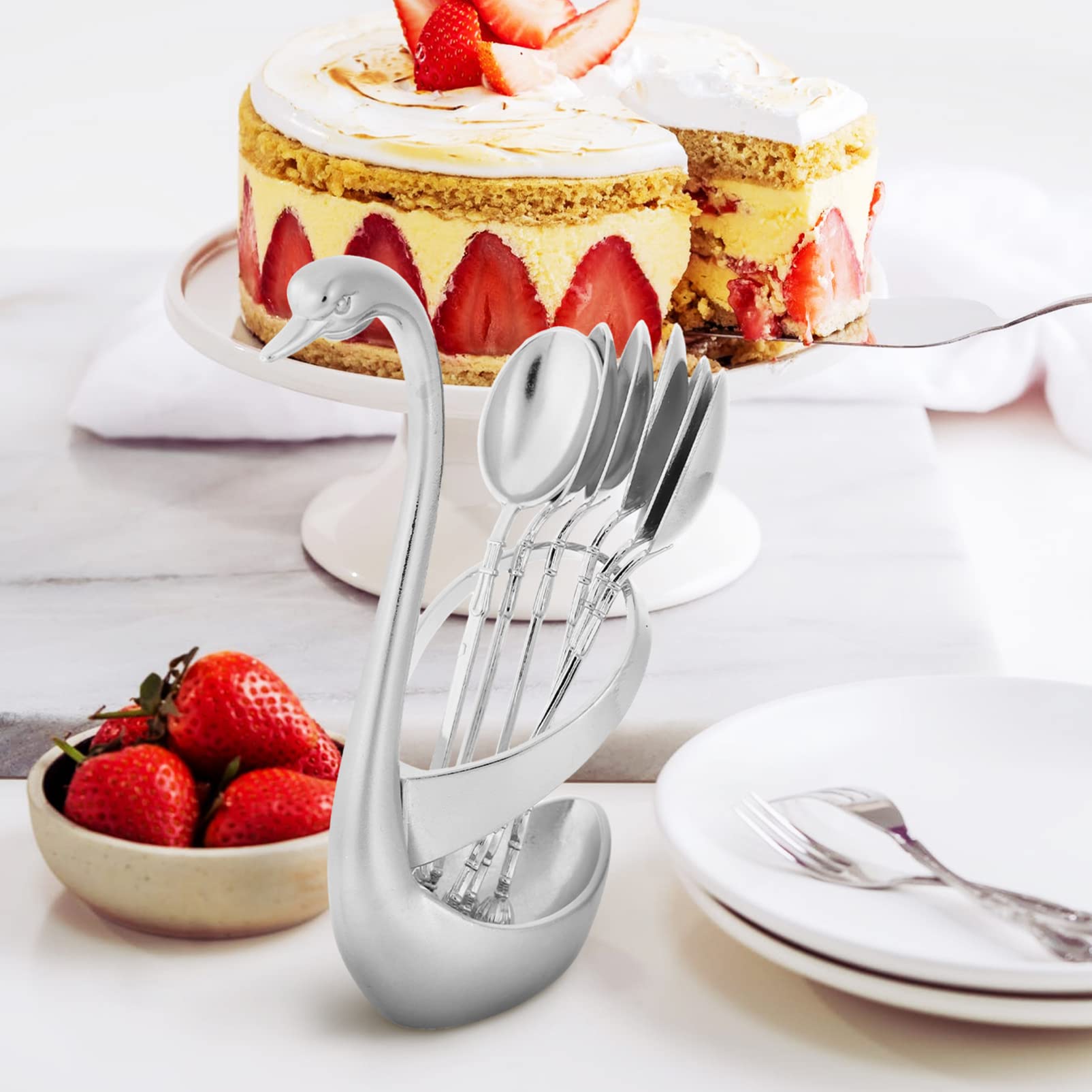 MAGICLULU Ice Cream Spoon Coffee Spoon Set with Swan Base Holder 6Pcs Dessert Spoons with Organizer Dessert Flatware Set for Tea Coffee Ice Cream Cake Sugar Silver Espresso Spoons