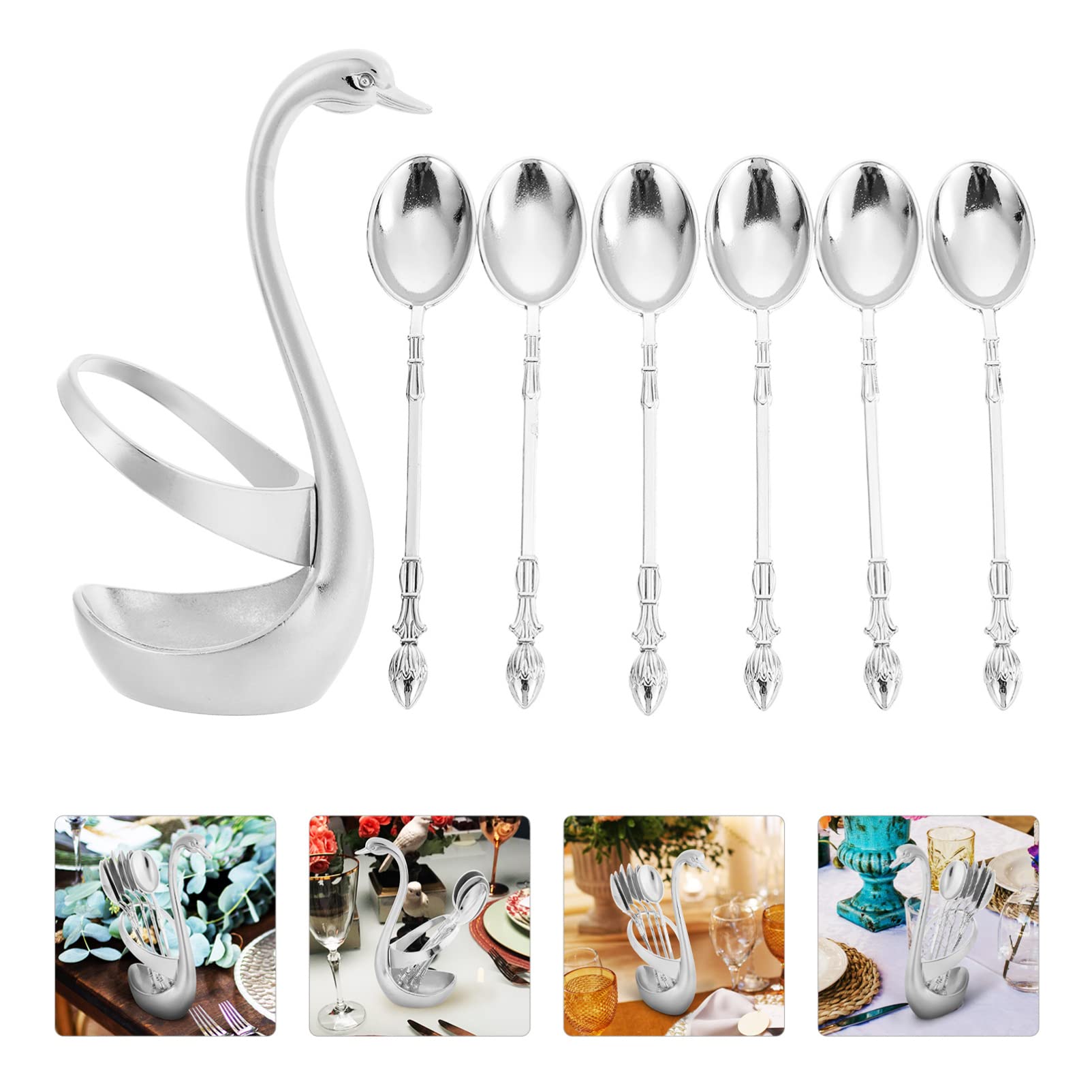 MAGICLULU Ice Cream Spoon Coffee Spoon Set with Swan Base Holder 6Pcs Dessert Spoons with Organizer Dessert Flatware Set for Tea Coffee Ice Cream Cake Sugar Silver Espresso Spoons