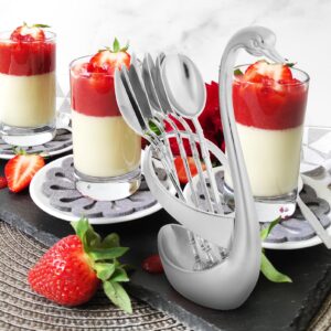 MAGICLULU Ice Cream Spoon Coffee Spoon Set with Swan Base Holder 6Pcs Dessert Spoons with Organizer Dessert Flatware Set for Tea Coffee Ice Cream Cake Sugar Silver Espresso Spoons