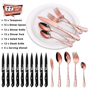 Stapava 77-Piece Rose Gold Silverware Set for 12, Plus Steak Knife & Serving Set, Stainless Steel Flatware Cutlery Set, Mirror Eating Utensils Tableware with Butterfly Flower Laser, Dishwasher Safe